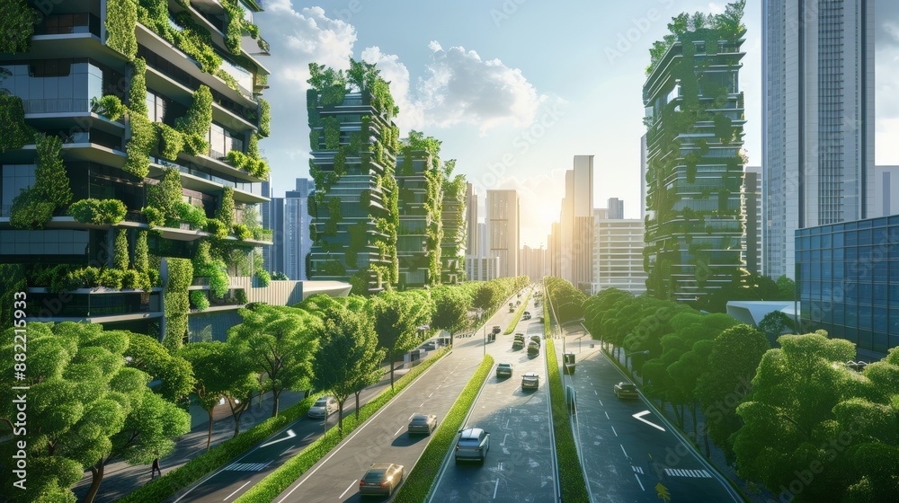 Ultra-modern city with green roofs and vertical gardens, solar panels ...