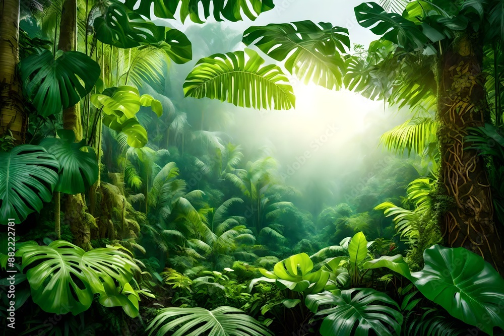 Nature frame of jungle trees with tropical rainforest foliage plants ...
