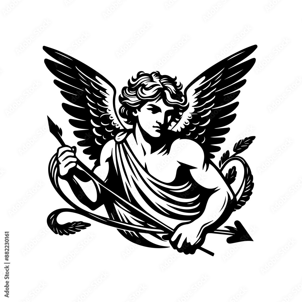 greek god of love Eros illustration. black and white illustration of ...