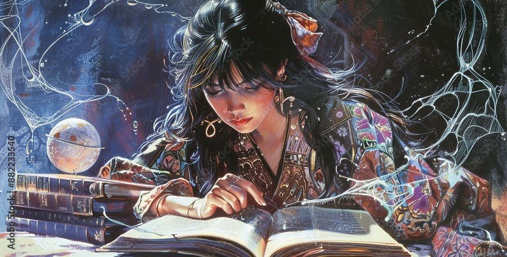 anime, shinigami, a full body image of a beautiful woman reading a ...