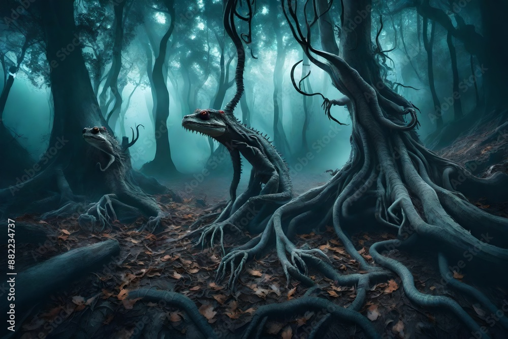 Spooky Halloween dead mysterious forest creepy trees with twisted roots ...