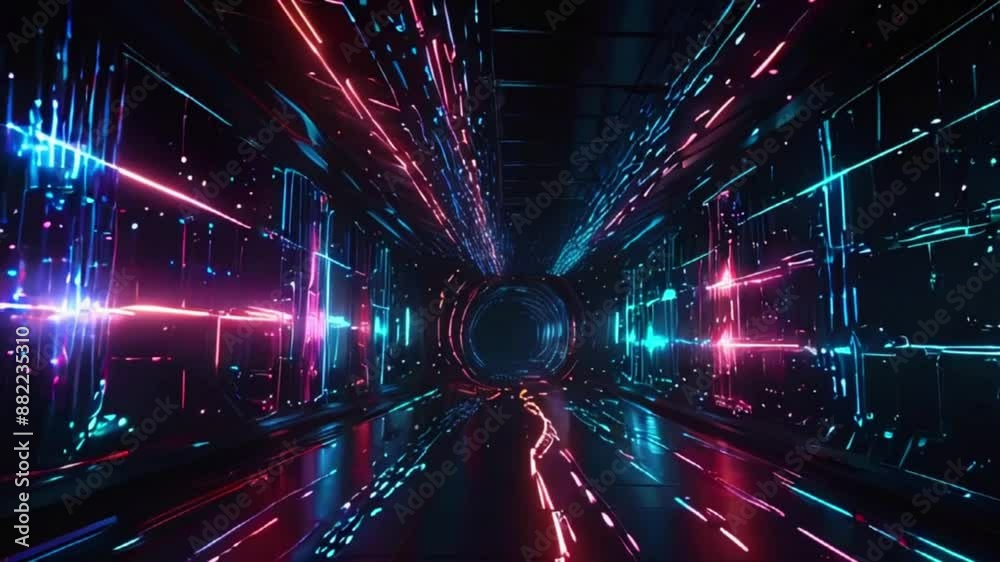 A futuristic tunnel filled with glowing data streams, where nodes light ...