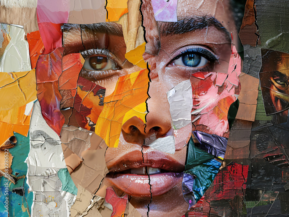 Contemporary art collage of a female face made from different face ...