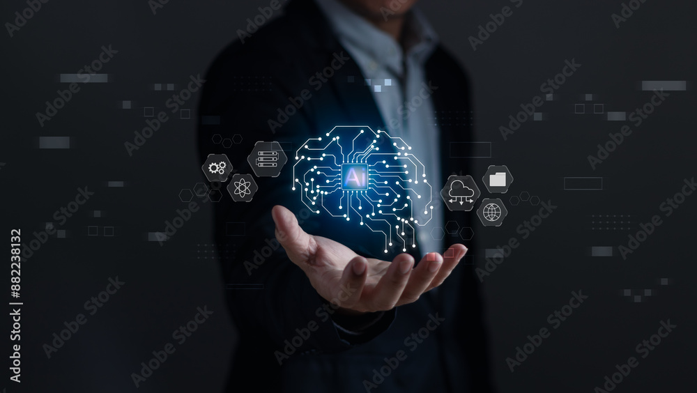 Ai artificial intelligence, chat with al concept. People using smart robot technology on hand ...