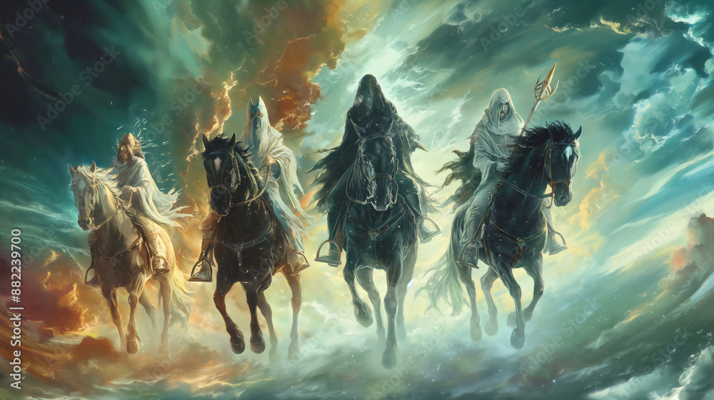 Four Horsemen of the Apocalypse war, famine, death, conquest Biblical ...