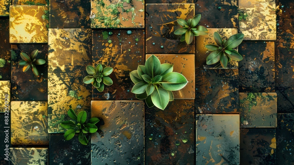 A garden where plants sprout from gold bars under a golden sunset theme ...