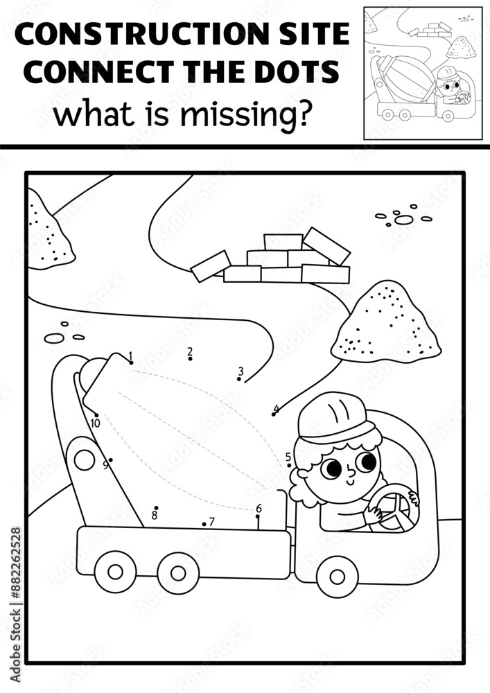 Vector black and white dot-to-dot activity with concrete mixer ...