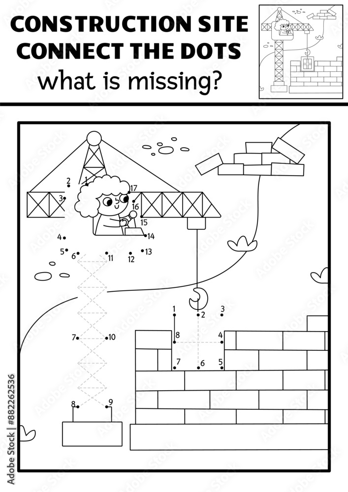 Vector black and white dot-to-dot and color activity with lifting crane ...