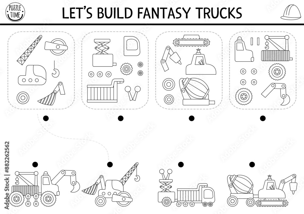 Construction site black and white matching, logical activity with ...