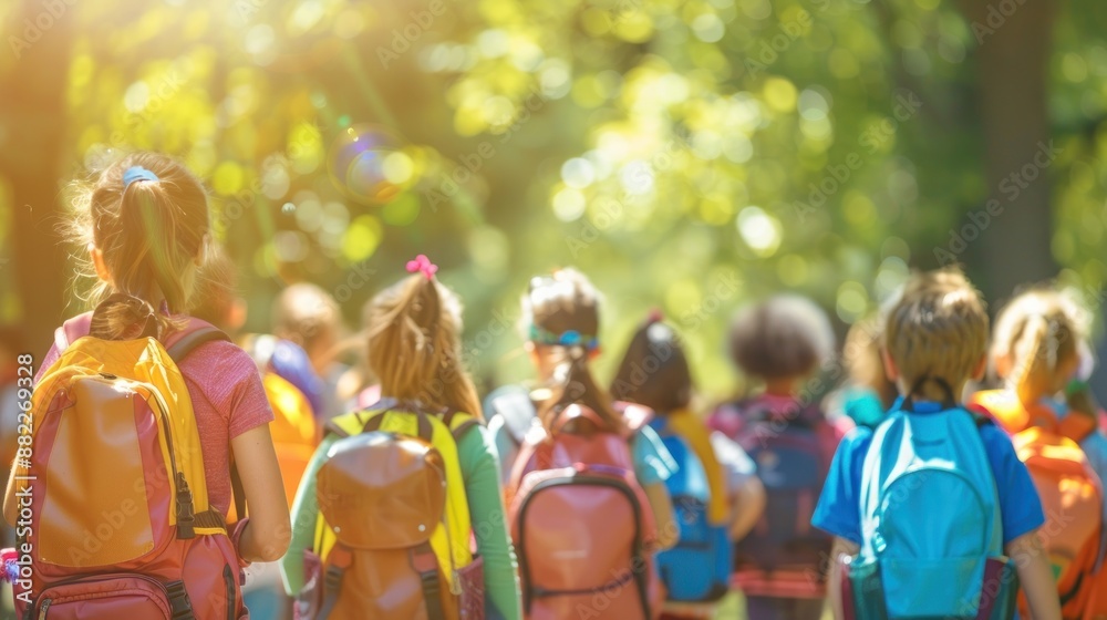 first day at school. Group of Little kids going to school together, to ...