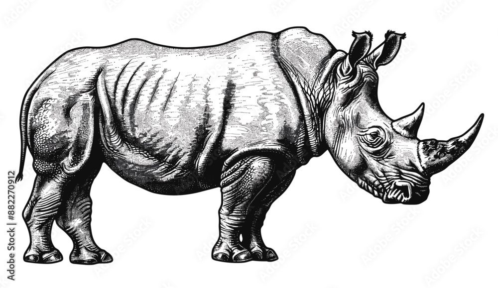 Black and white vintage engraving of a rhinoceros set illustration ...