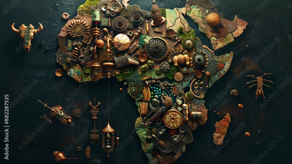 Map of Africa formed by African cultural artifacts, objects and tools ...