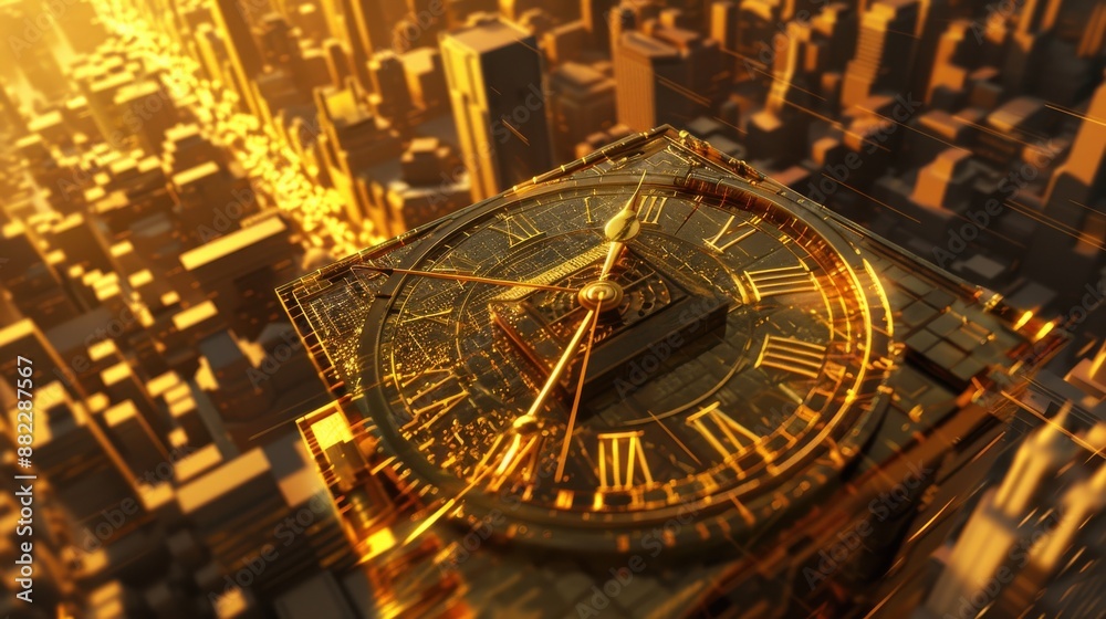 A clock tower striking with hands made from gold bars in a medieval ...