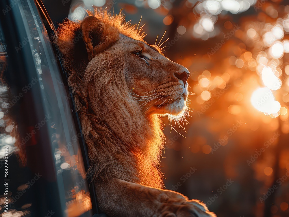 majestic lion leaning out of a car window, basking in the warm glow of ...