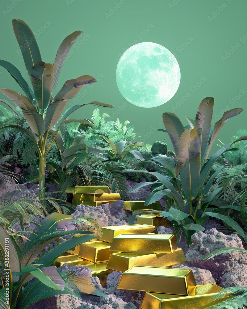 A garden where plants sprout from gold bars under a golden sunset theme ...