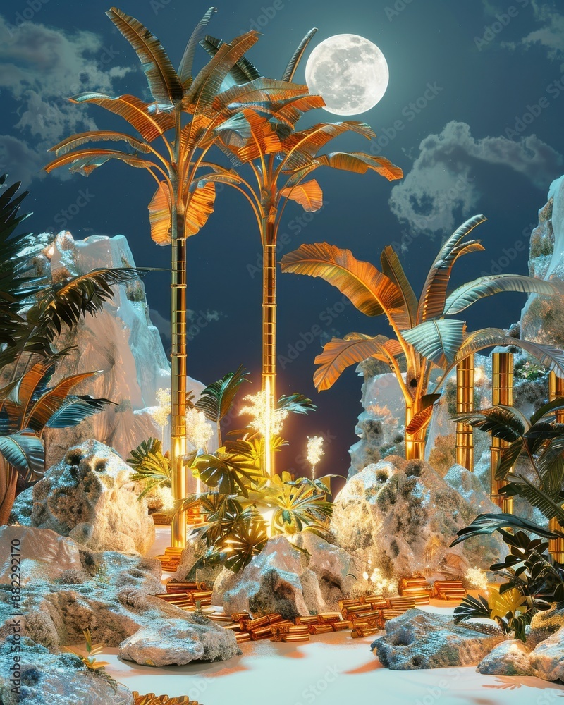 A garden where plants sprout from gold bars under a golden sunset theme ...