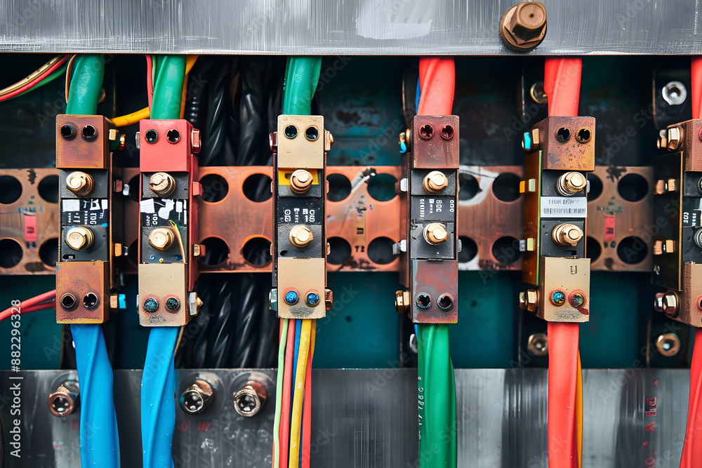 A row of wires with different colored wires and nuts. The wires are ...