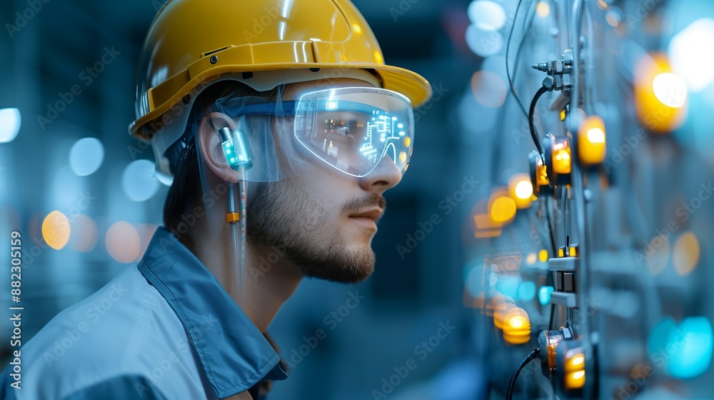 Double exposure image of engineers in a factory at twilight ...