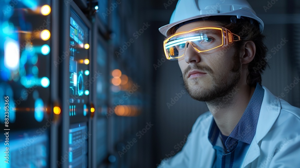 Double exposure image of engineers in a factory at twilight ...