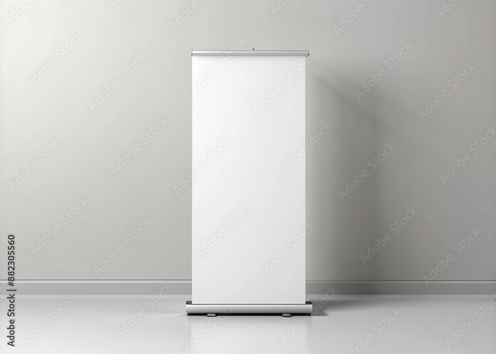 A isolated white background displays a customizable rollup and standee ...