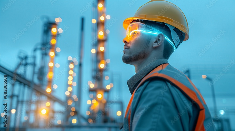 Double exposure image of engineers in a twilight factory setting ...