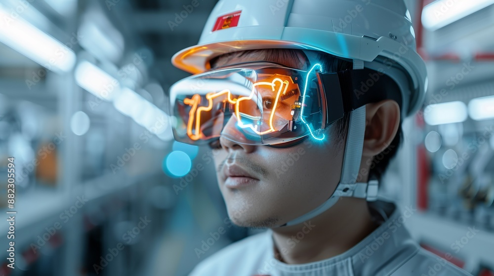 Double exposure image of engineers in a twilight factory setting ...