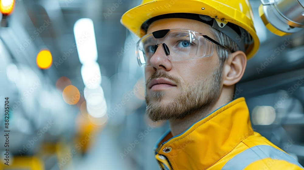Double exposure image of engineers working in a twilight factory ...