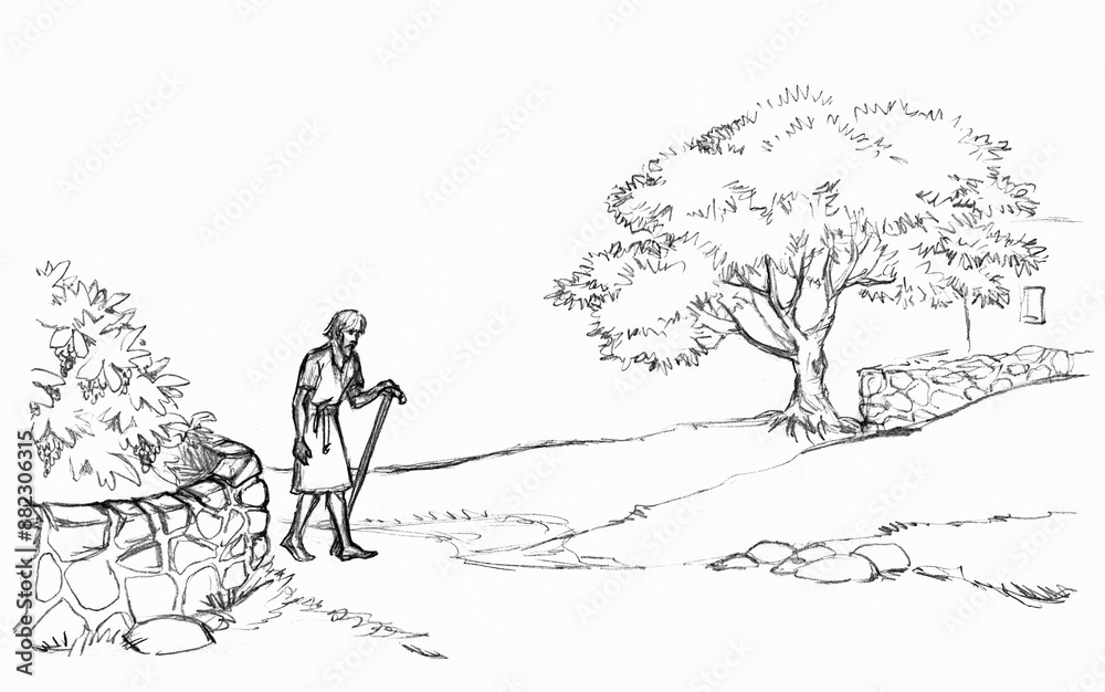 Pencil drawing. The prodigal son goes home Stock Photo | Adobe Stock