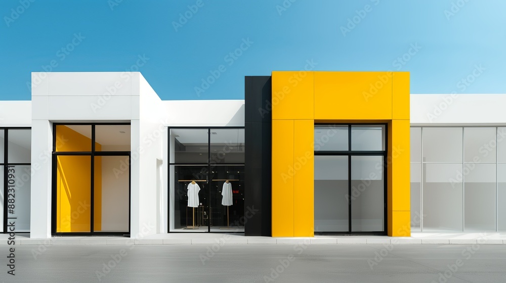 Exterior of a commercial complex with modern architecture and colorful ...