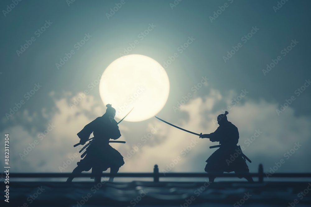 Two samurai warriors engaged in a dramatic sword fight under a full ...