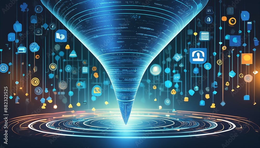 Big data technology and information funnel concept. Large digital ...