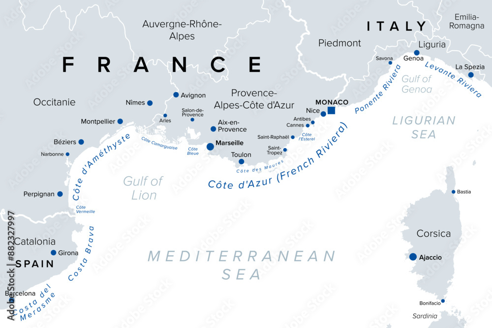 Vetor de Southern France coasts, political map. Southernmost part of ...
