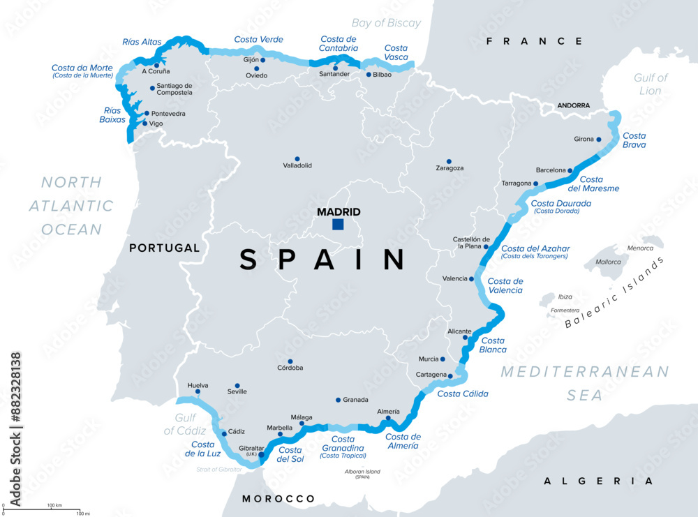 Vetor de Coasts of Spain, beaches and coastlines of the Spanish Riviera ...