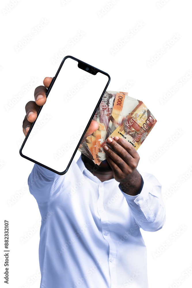 Black person holding Kenyan shilling notes and pointing phone with ...