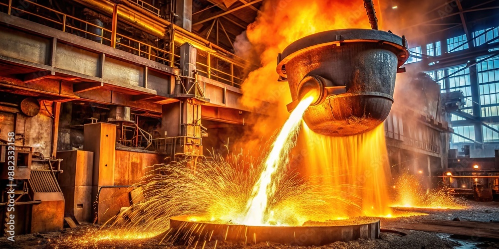 Molten steel pours from the blast furnace tap, radiating intense orange ...