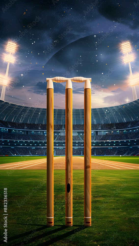 Modern sport stadium at night and cricket field with wooden wicket ...