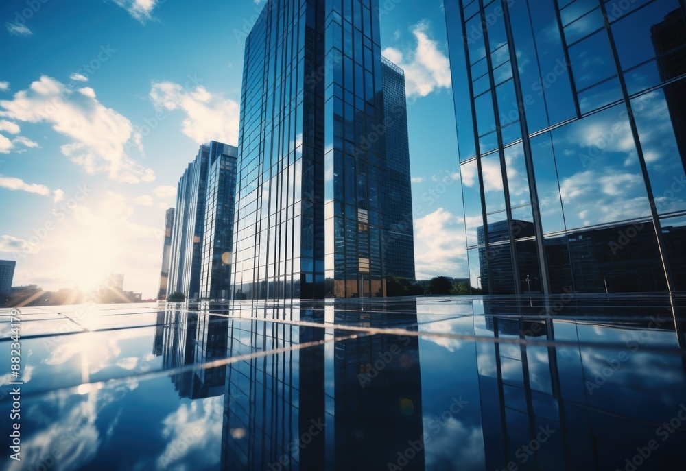 Reflective skyscrapers, business office buildings. Low angle ...