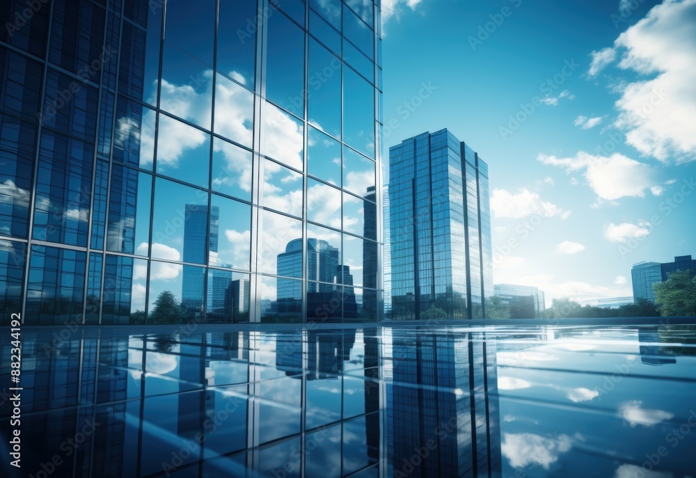 Reflective skyscrapers, business office buildings. Low angle ...