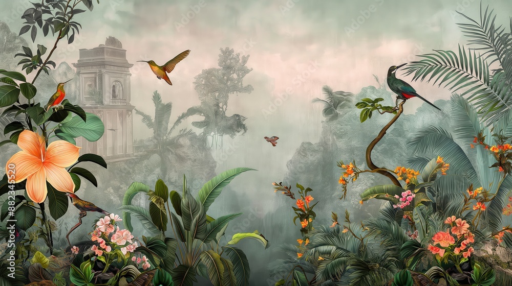 Vintage wallpaper of a dense jungle with vibrant birds, flowering ...