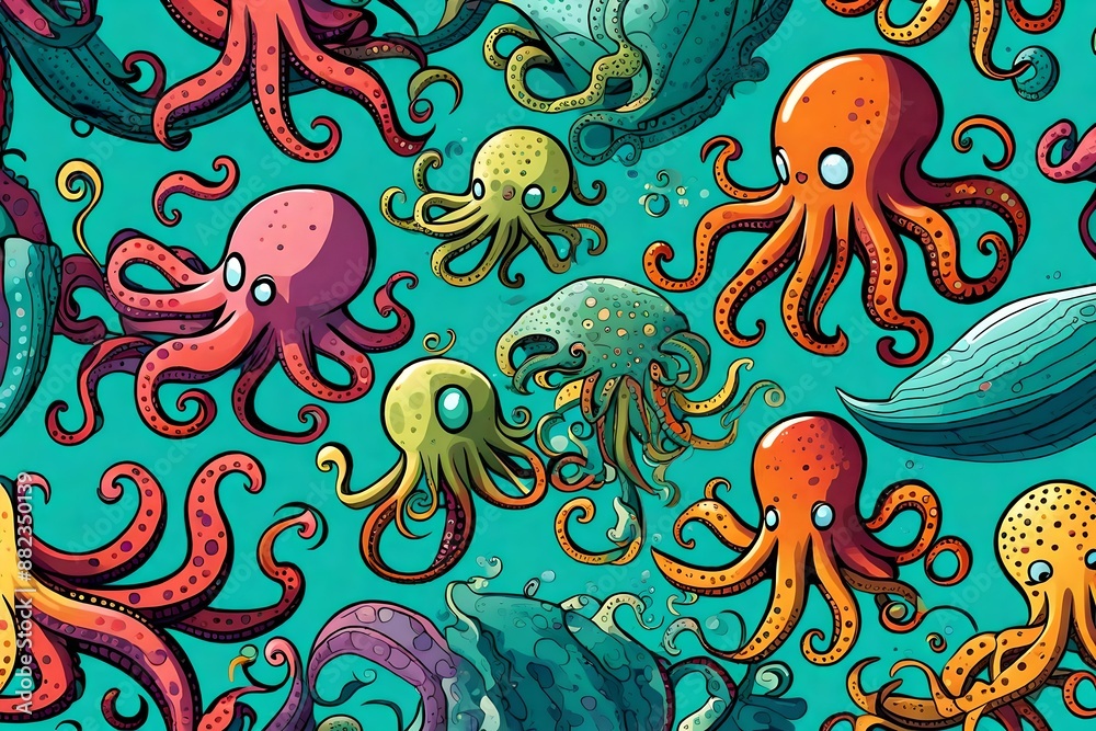 Cute color octopuses, sea animals with tentacles. Vector cartoon set of ...