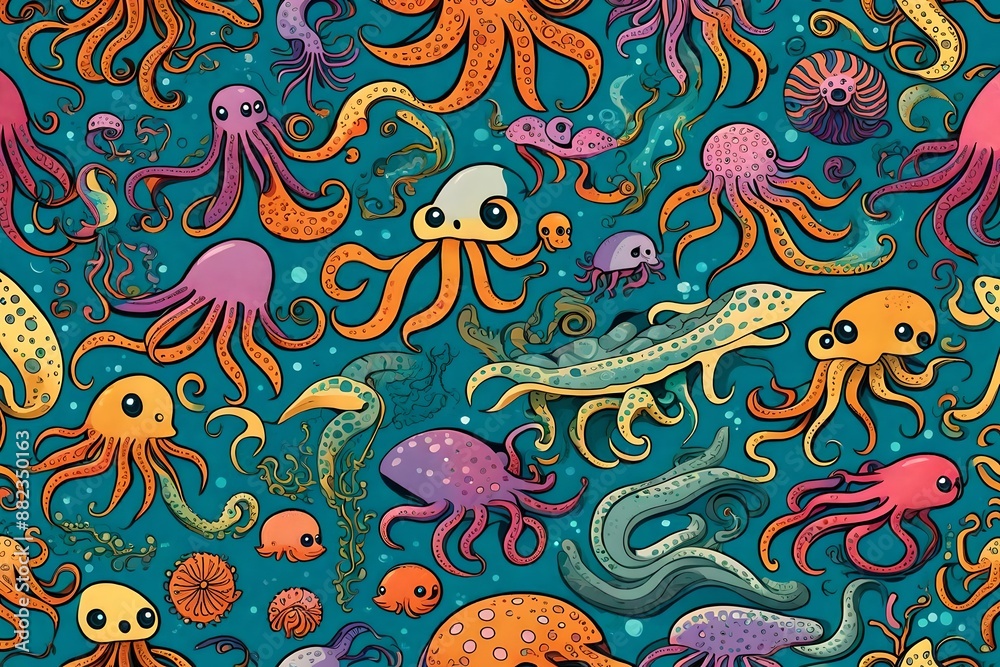 Cute color octopuses, sea animals with tentacles. Vector cartoon set of ...