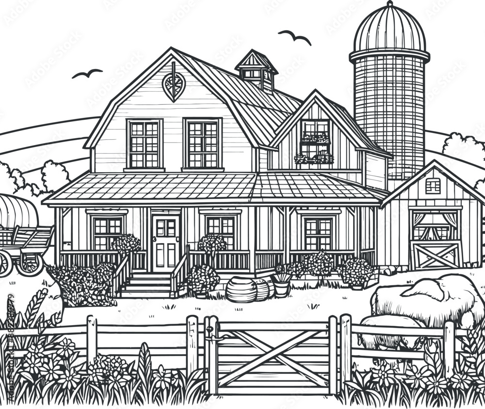 farmhouse line art vector silhouette for coloring book on a white ...