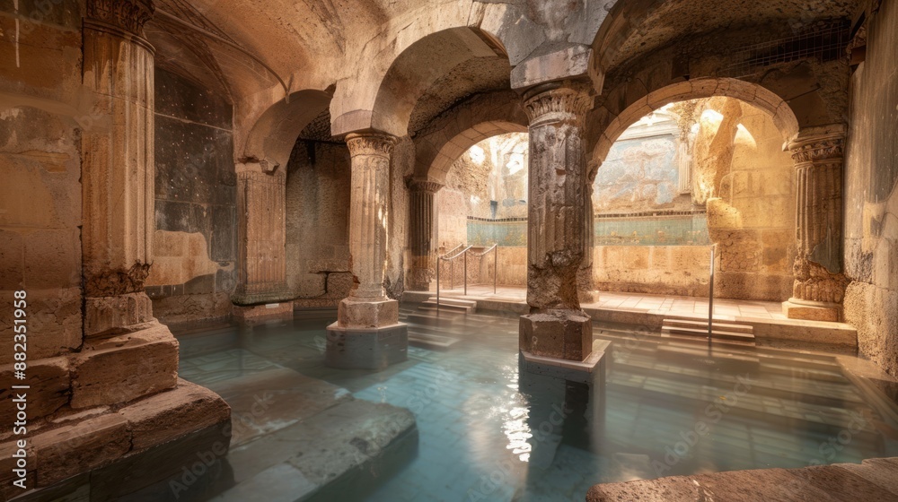 Ancient Roman Bathhouse with Pool - Historic Roman bathhouse featuring ...
