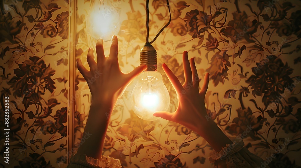 Changing a Light Bulb: Hands reaching up to unscrew a spent light bulb ...