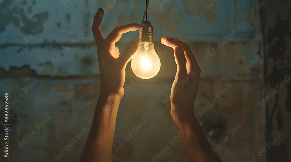 Changing a Light Bulb: Hands reaching up to unscrew a spent light bulb ...