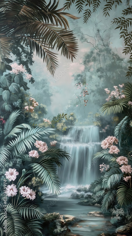 Vintage wallpaper of a mystical forest with exotic flowers, giant ferns ...