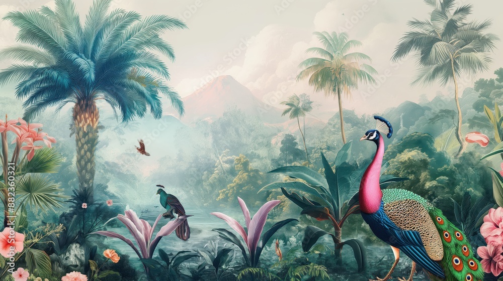 Enchanted Jungle Wallpaper with Peacocks and Ferrets A whimsical ...