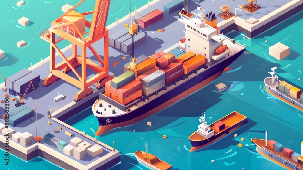 An isometric illustration of a bustling seaport with cargo ships ...