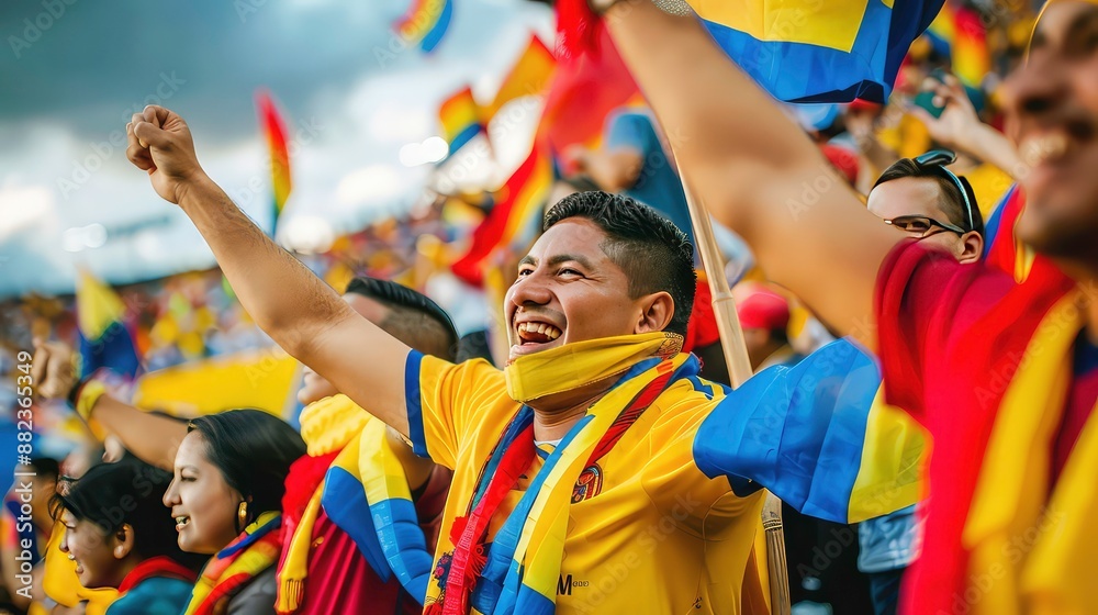 Foto de Colombian football soccer fans in a stadium supporting the ...