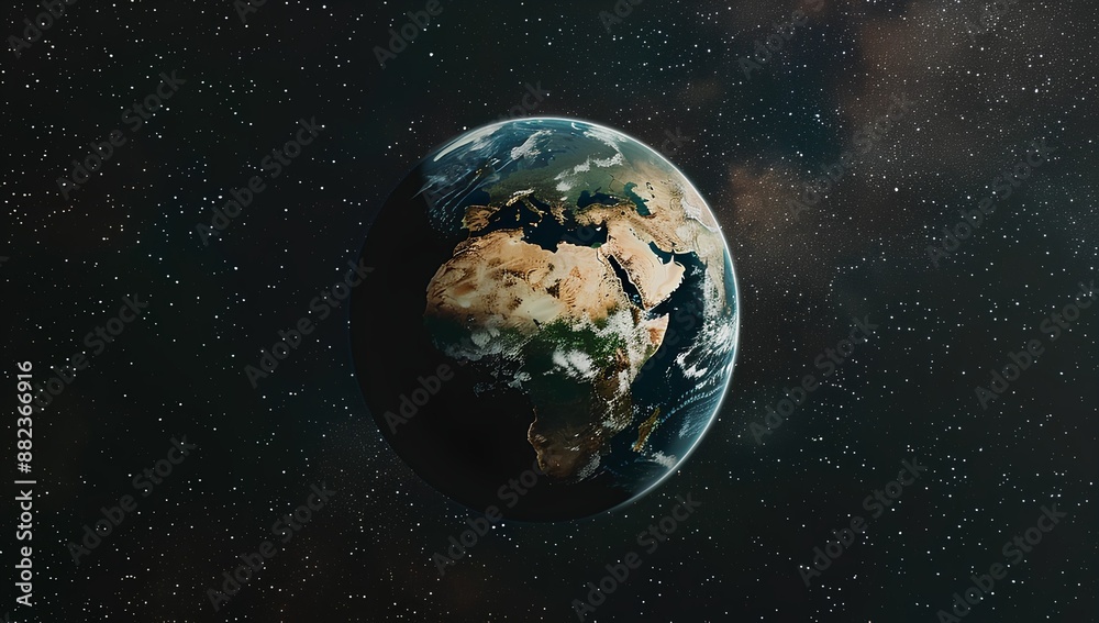 A cinematic shot of the Earth floating in space, with one piece broken ...